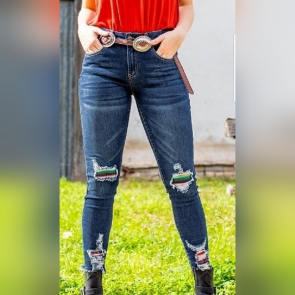 Lucky & Blessed | Jeans | Lb Distressed Serape Patch Skinny Jeans ...